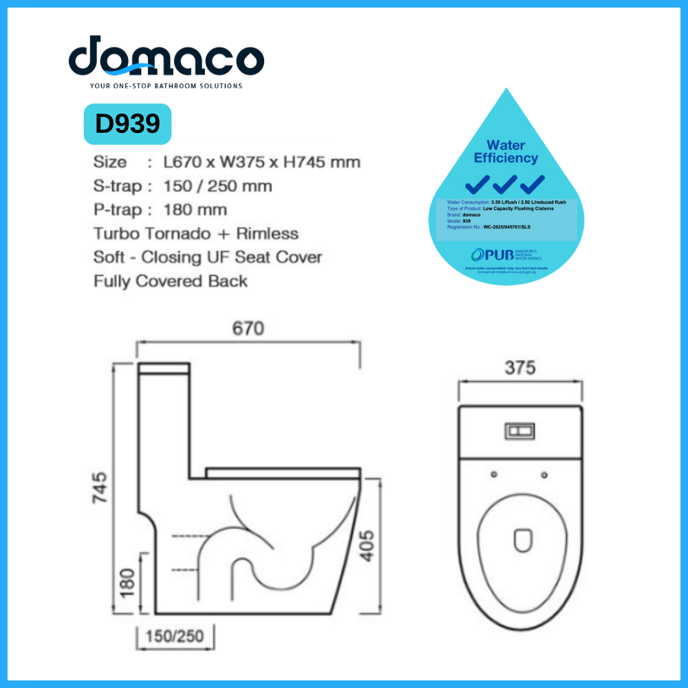 Domaco D939 [2025 Model] Toilet Bowl Rimless Double Turbo Tornado Flus