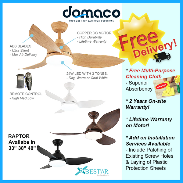 Bestar Raptor DC Ceiling Fan with 24W 3 Tone LED Light Kit and Remote ...