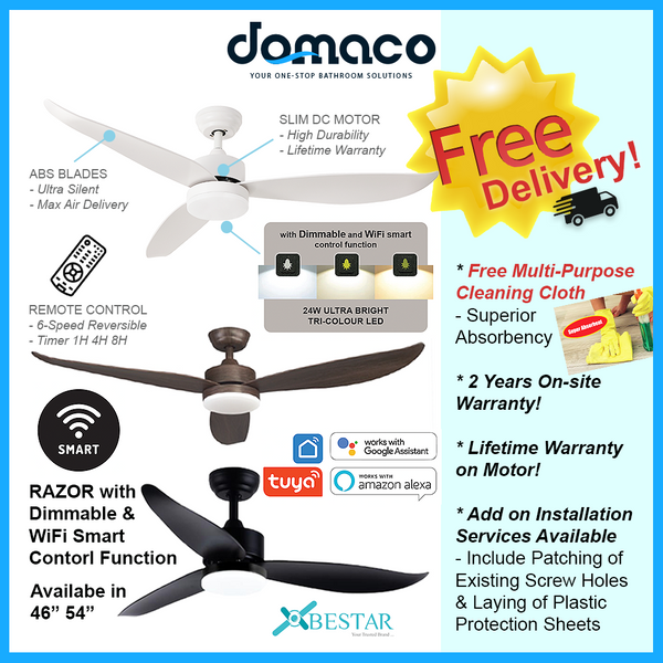 Bestar Razor DC Ceiling Fan With Dimmable 24W 3 Tone LED Light Kit And ...