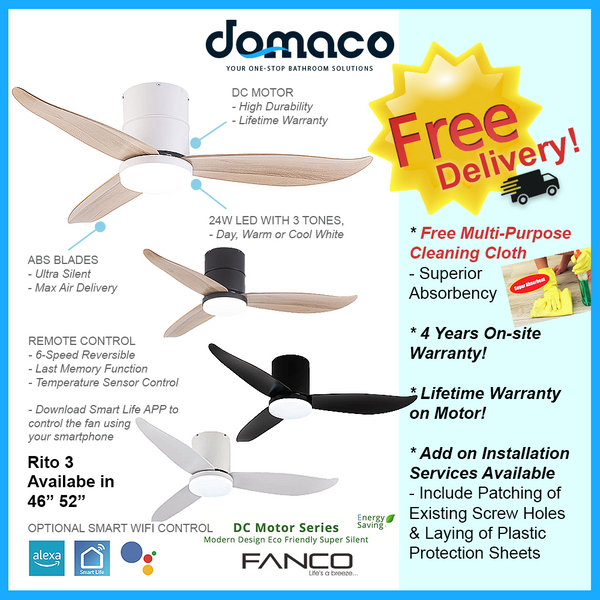 Fanco Rito 3 Hugger Ceiling Fan with 24W 3 Tone LED Light Kit and Remo ...
