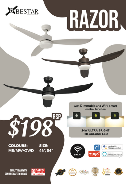 Bestar Razor DC Ceiling Fan With Dimmable 24W 3 Tone LED Light Kit And ...