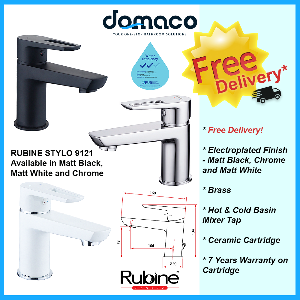 Rubine Stylo 9121 Basin Mixer Tap [Matt Black (8880)/White (8880)/Chro ...