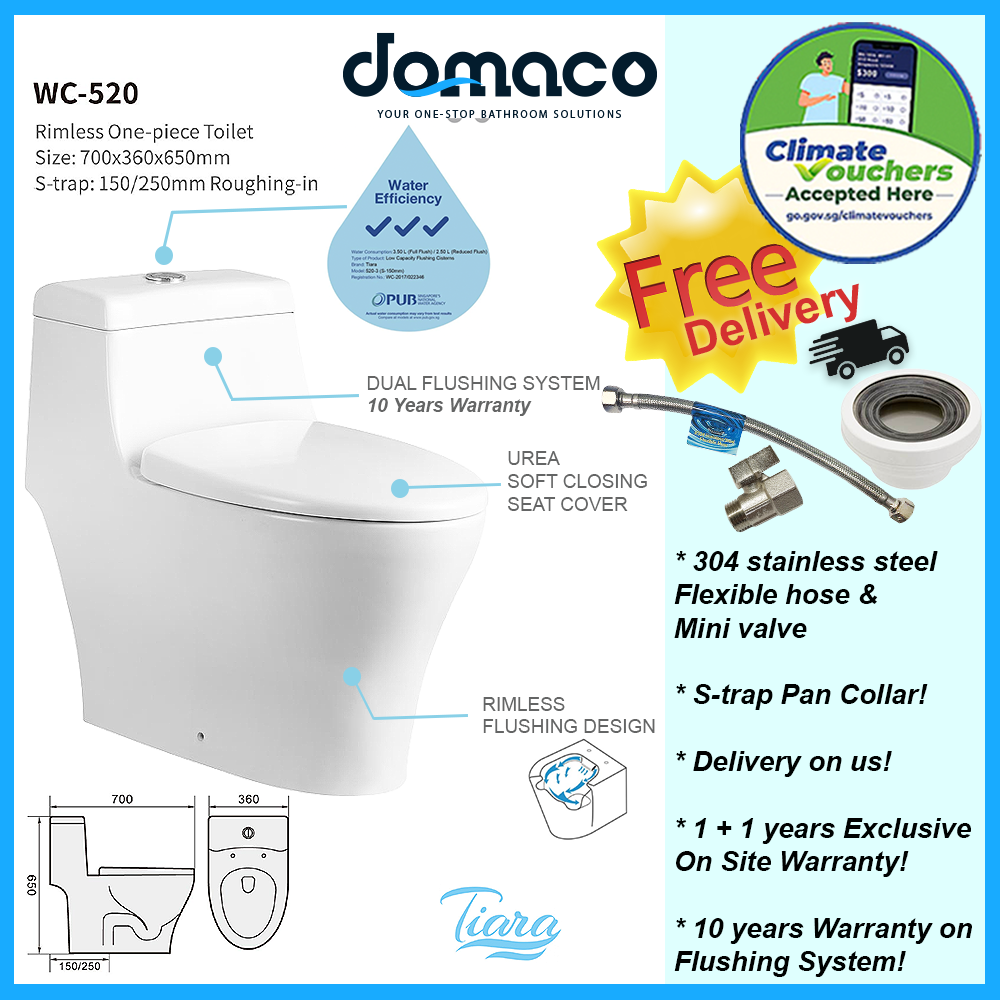 Tiara T520 Rimless Toilet Bowl Washdown Flushing 1-Piece Toilet Bowl w ...