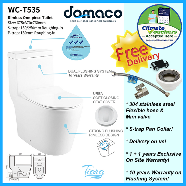 Tiara T535 Rimless Flushing 1-Piece Toilet Bowl – Domaco