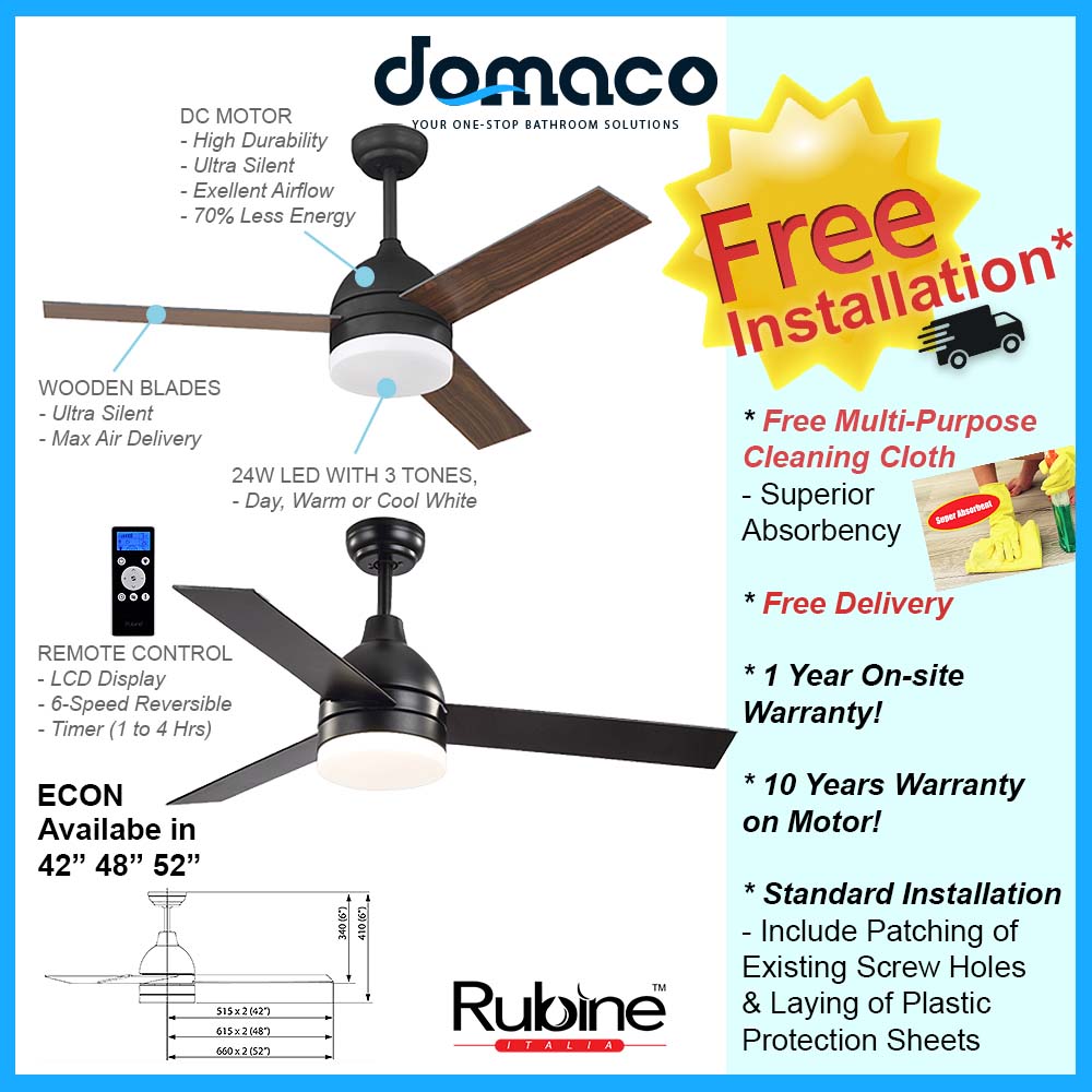 Rubine Econ DC Ceiling Fan With 24W 3 Tone Light kit and 6 speed Remot ...