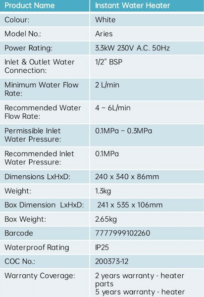 Champs Aries Instant Water Heater – Domaco